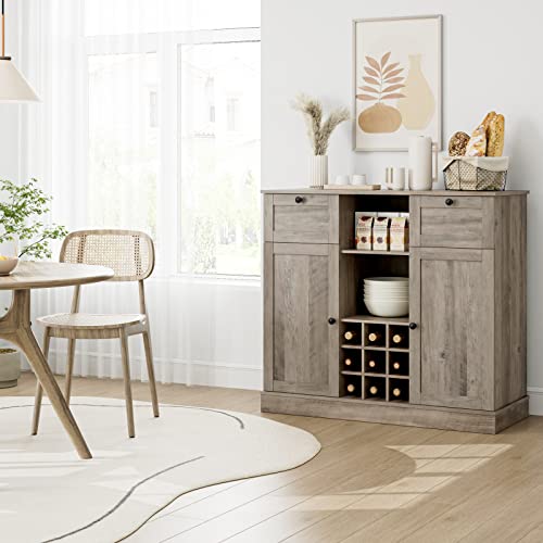 HOSTACK Buffet Sideboard Cabinet, Wine Bar Cabinet with Drawers and Removable Wine Rack, Coffee Bar Storage Cabinet with Shelves for Kitchen, Dining Room, Living Room, Ash Grey