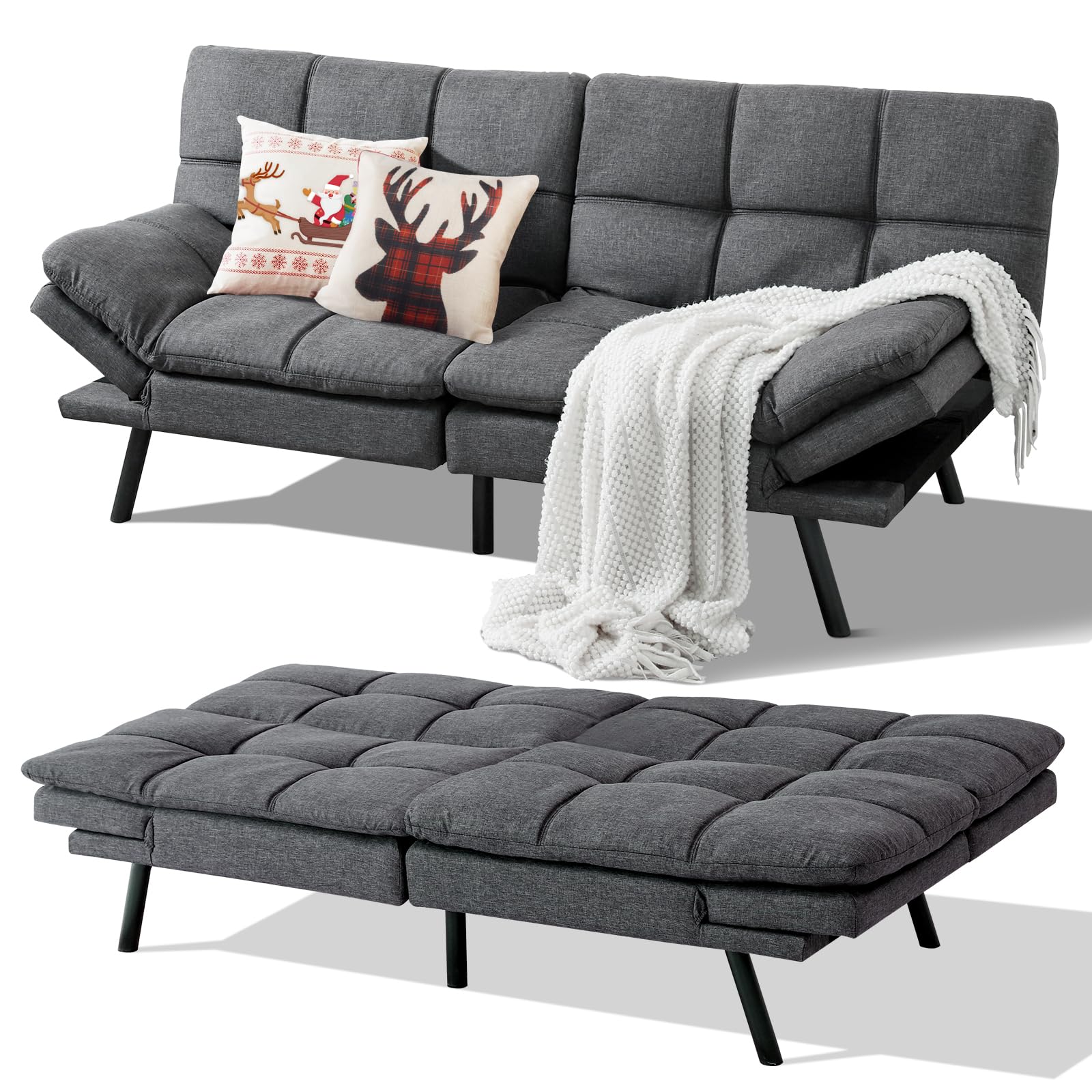 MUUEGM Convertible Futon Sofa Bed Modern Couch Foldable Linen&Memory Foam Loveseat Sleeper with Armrest&Backrest Adjustable Full Size Recliner for Living Room Office Sofabed, Dark Grey
