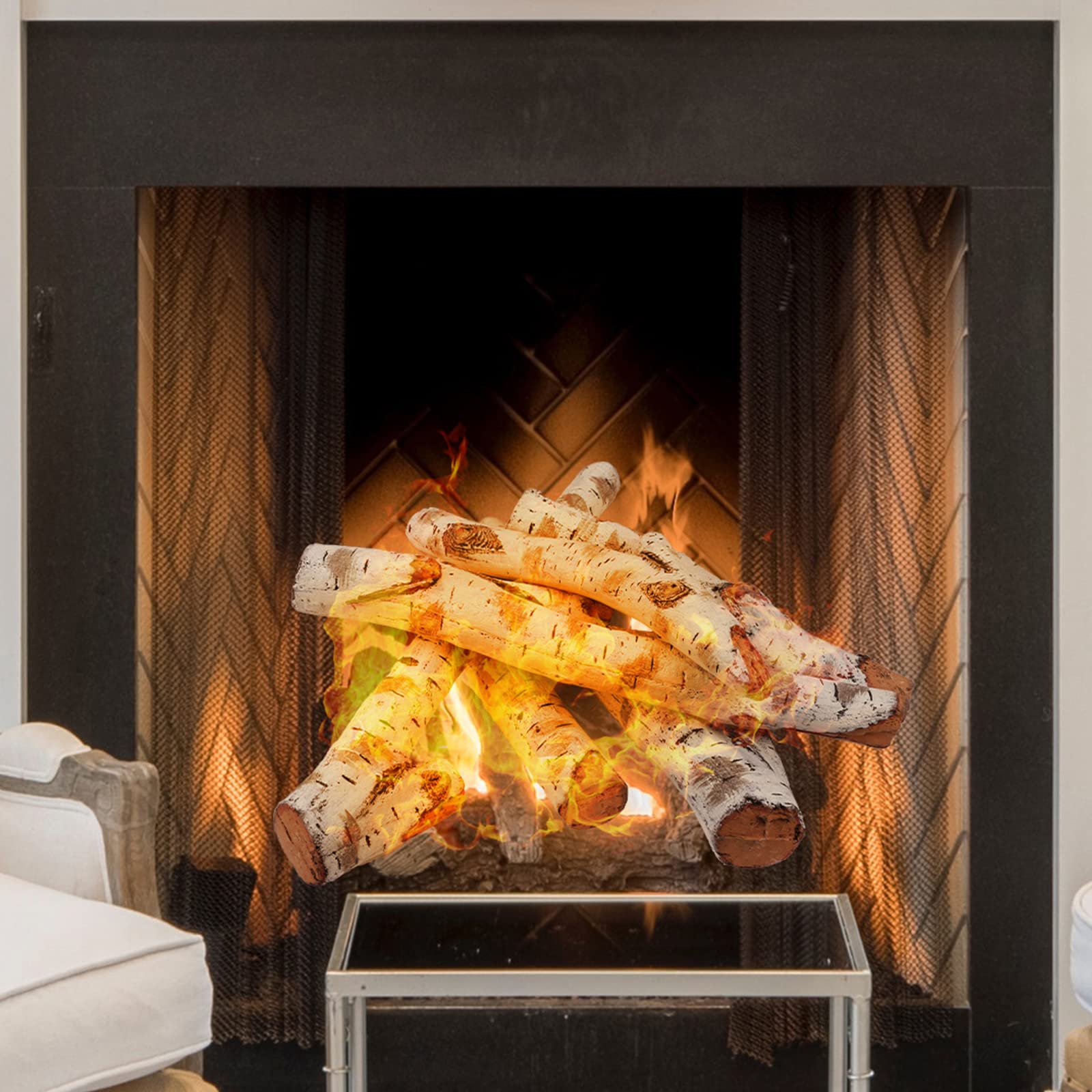 Uniflasy 26.8" Gas Fireplace Log Set, Ceramic White Birch for Intdoor Inserts, Vented, Propane, Electric Gas Fireplaces, Outdoor, Linear Fire Pits Ceramic Fiber Fake Wood Logs, Fireplace Decor, 6pcs