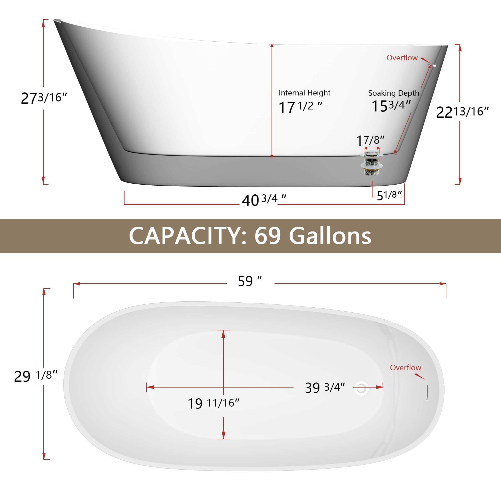 GETPRO Free Standing Tub 59" Acrylic Freestanding Bathtub Adjustable Soaking Bath Tub Oval Shape with Integrated Slotted Overflow and Chrome Anti-clogging Drain Glossy White
