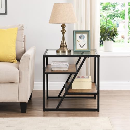 Black Side Table End with Storage Shelf Tempered Glass Coffee Metal Frame for Living Room Modern Contemporary Rectangular MDF Includes Hardware