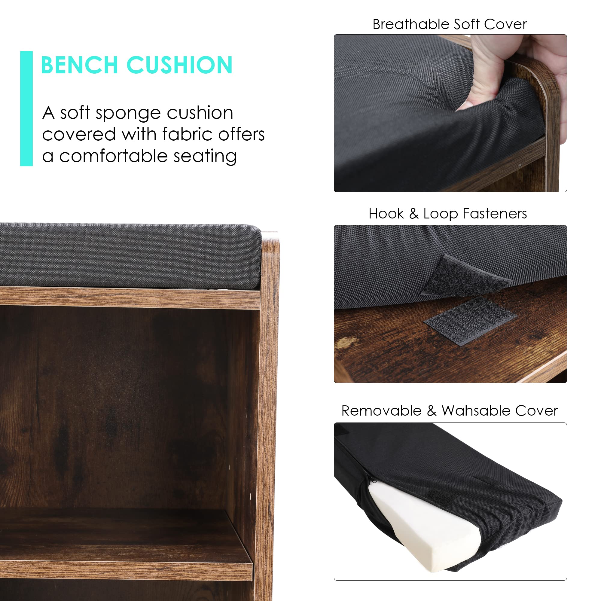 vinform Shoe Cabinet Storage Bench with Cushion, 10-Cube Shoe Storage Bench for entryway, Holds up to 220lbs, Rustic Brown