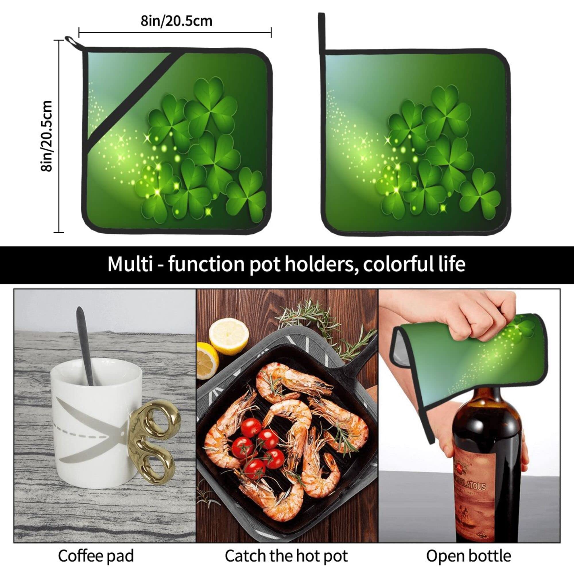 Deaowangluo Good Luck Leaf Shamrock Clovers Pot Holders Sets, Kitchen Potholders for Cooking Baking BBQ Grilling (2-Piece Sets)