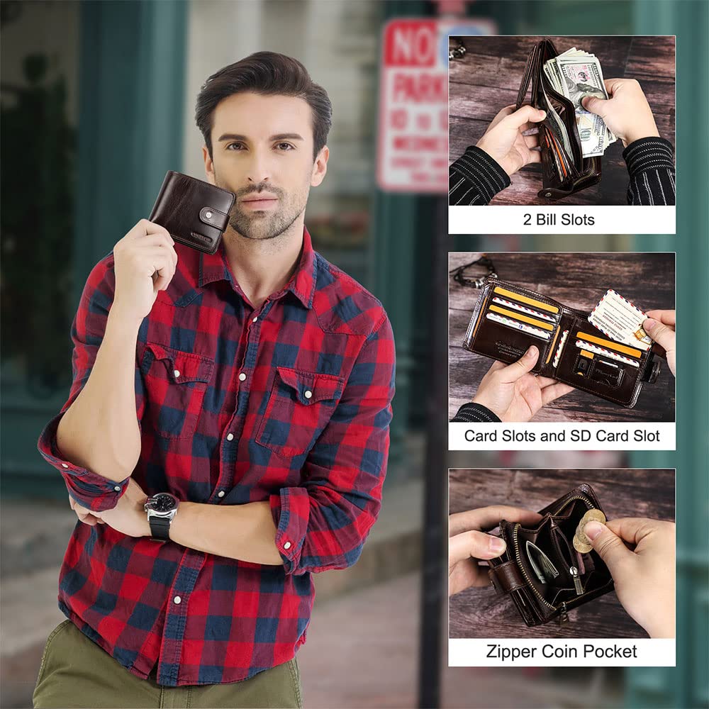 Contacts Mens Bifold Wallet Leather, Minimalist Leather Card Purse for Men Coin Zipper Pocket RFID Blocking Trifold Wallet with ID Window