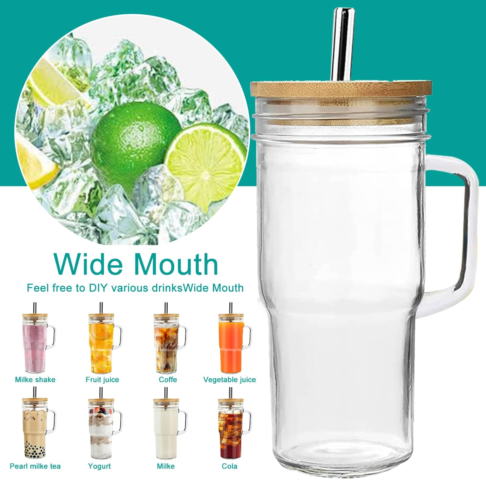 YUANYE 4 Piece 24oz Mason Handle Glass Cups with Lids and Straws -Drinks Enthusiasts Essential Glasses Drinking Set, Perfect for Iced Coffee and Beer,fruit water,Tea and Coffee