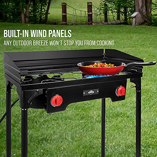 Hike Crew Cast Iron Double-Burner Outdoor Gas Stove | 150,000 BTU Portable Propane Cooktop w/Blue Flame Control, Removable Legs, Temperature Control Knobs, Wind Panel, Hose, Regulator & Storage Case