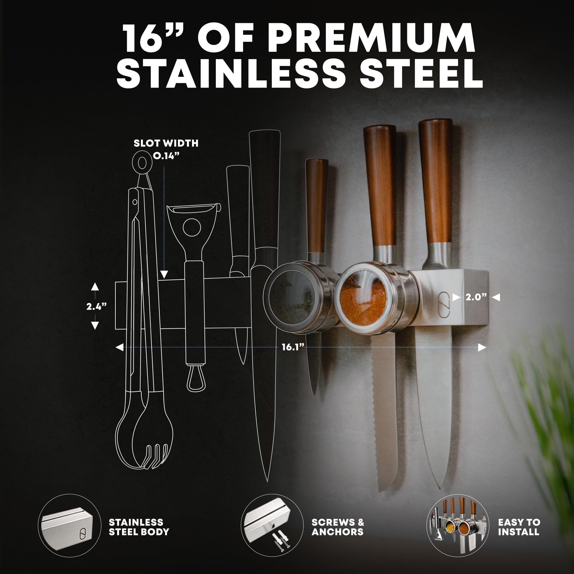 Double Capacity 16" Magnetic Knife Holder for Refrigerator - Safe, Patented Storage Design - Stainless Steel Double Sided Magnetic Kitchen Knife Holder for Fridge - Knife Magnetic Strip, Organizer