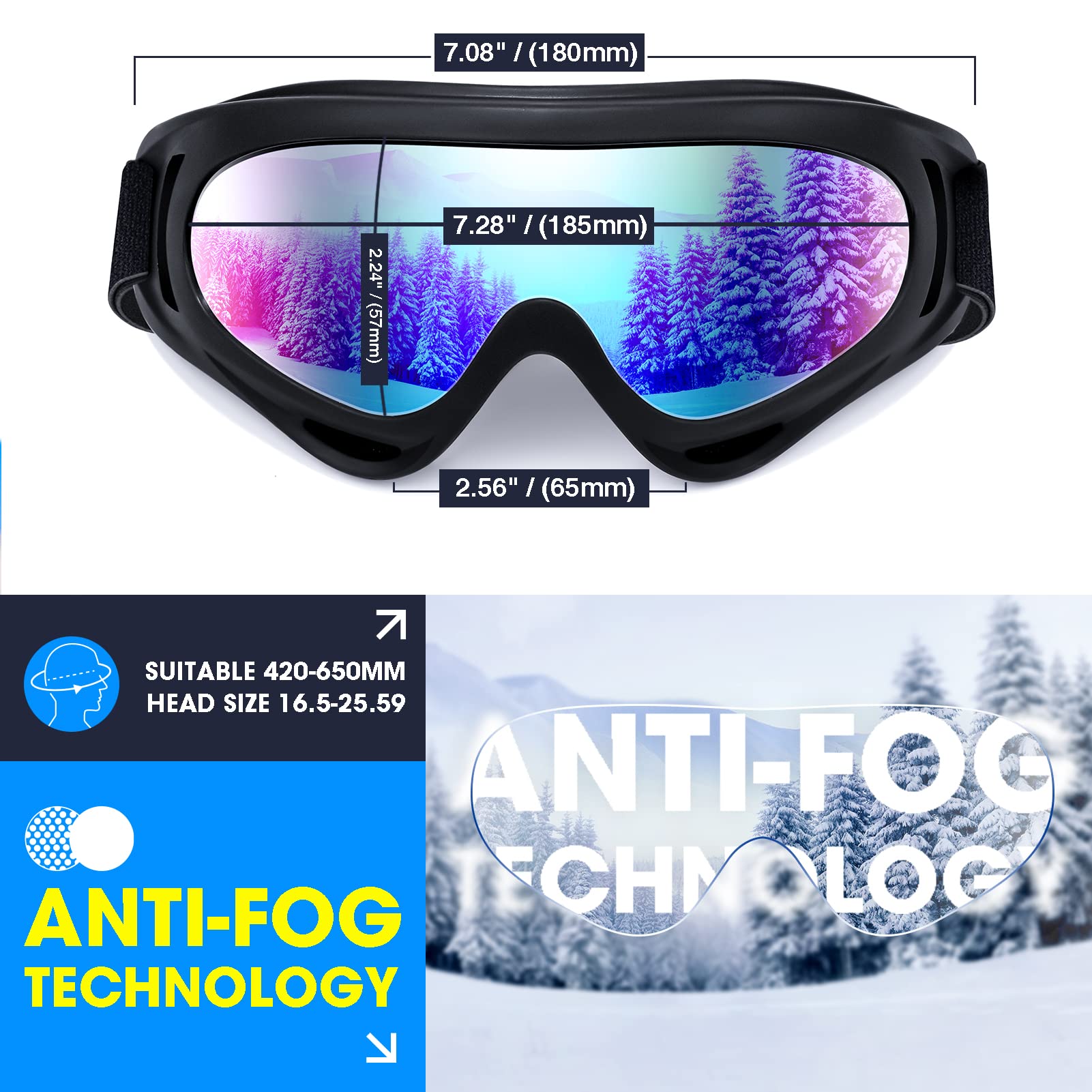 Braylin 2-Pack Kids Ski Goggles, Snowboard Goggles for Men, Women, Youth, Boys or Girls, Snowmobile Goggles