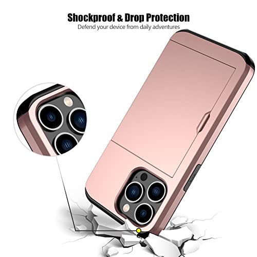 Nvollnoe for iPhone 13 Pro Case with Card Holder Heavy Duty Protective Dual Layer Shockproof Hidden Card Slot Slim Wallet Case for iPhone 13 Pro for Men&Women(Rose Gold)