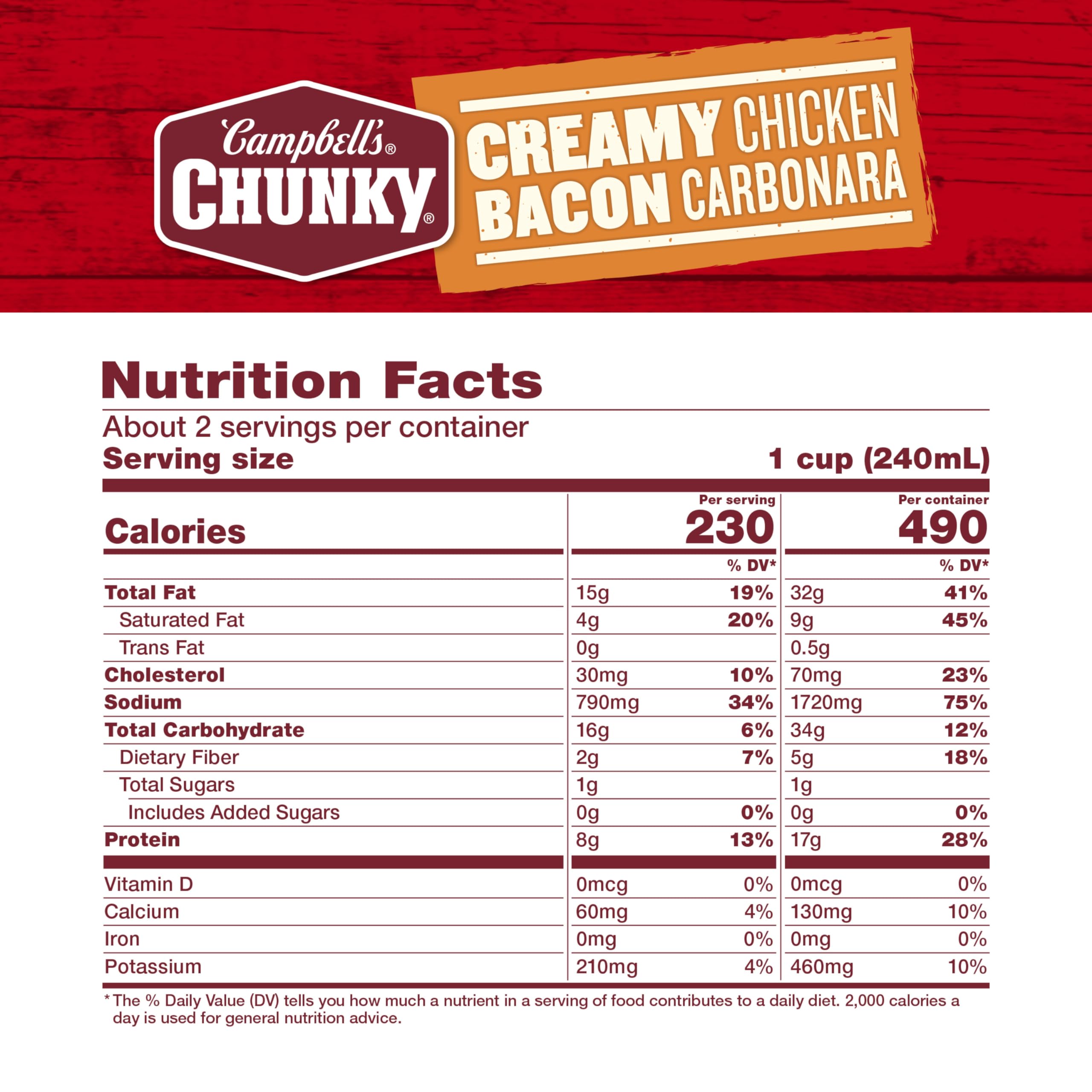 Campbellās Chunky Soup, Creamy Chicken Bacon Carbonara Soup, 18.8 oz Can