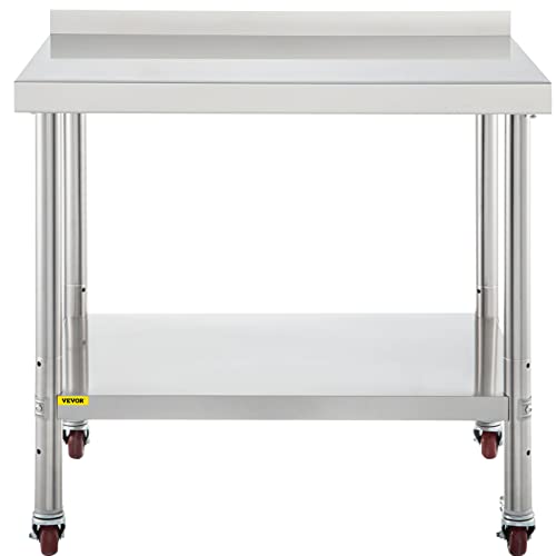 VEVOR Stainless Steel Prep Table, 24 x 15 x 35 Inch, 440lbs Load Capacity Heavy Duty Metal Worktable with Backsplash Adjustable Undershelf & 4 Casters, Commercial Workstation for Kitchen Restaurant