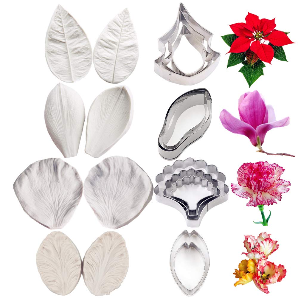 Colorkitchenware 19pcs Gum paste Flower Molds and Cutters Fondant Flower Tools Kit Sugar Flower Silicone Veining Mold Stainless Steel Cookie Cutter Set for Wedding,Birthday Cake Decorating