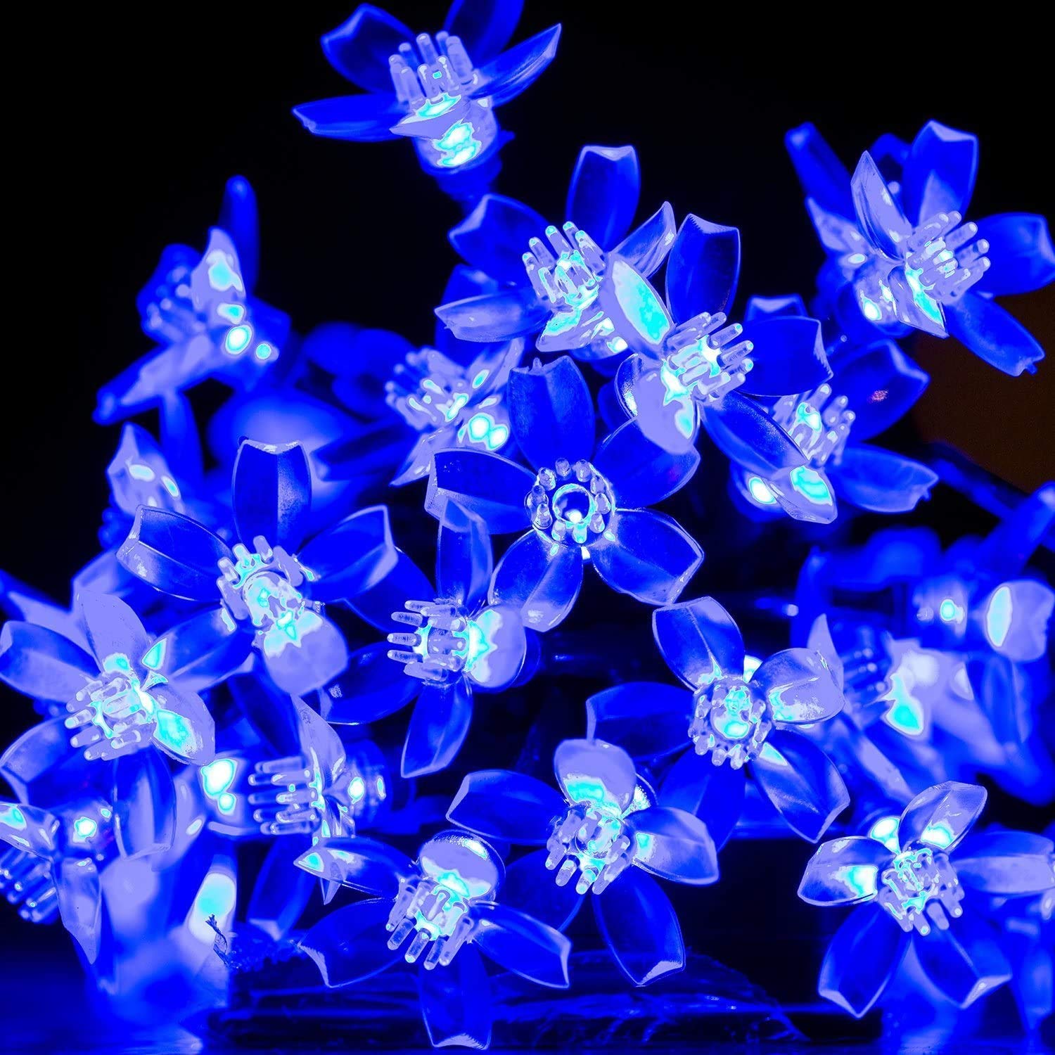 Blue Flower Fairy Lights, 33ft 100 LED Plug in Christmas Tree Light Home Decor, Wedding Party Decorative Artificial Flower Strings for Garden Patio Fence Yard Spring Outdoor DIY Decoration (Blue)