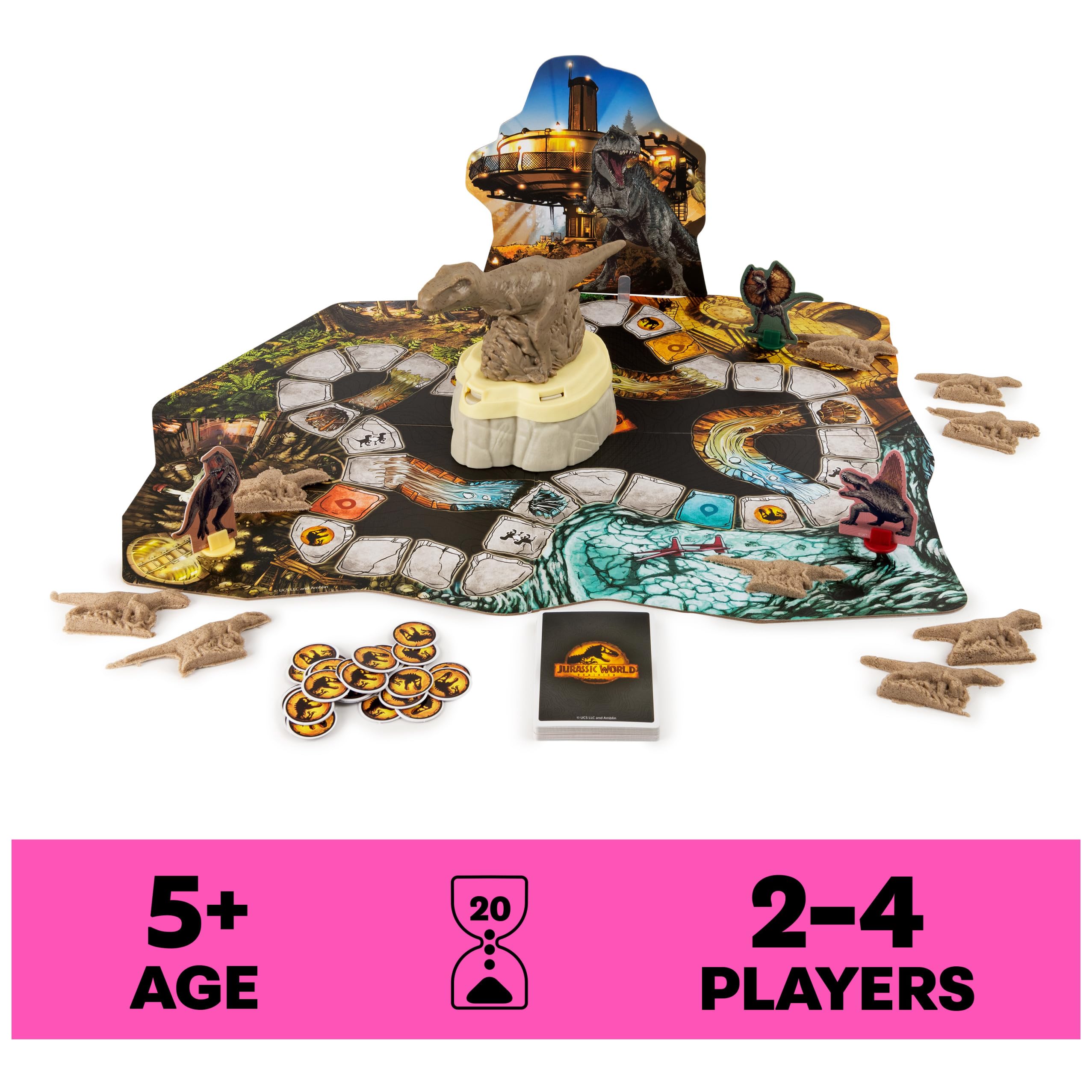 Spin Master Games, Jurassic World Dominion, Stomp N’ Smash Board Game Sensory Dinosaur Toy with Kinetic Sand, Christmas Gifts for Kids, for Ages 5+