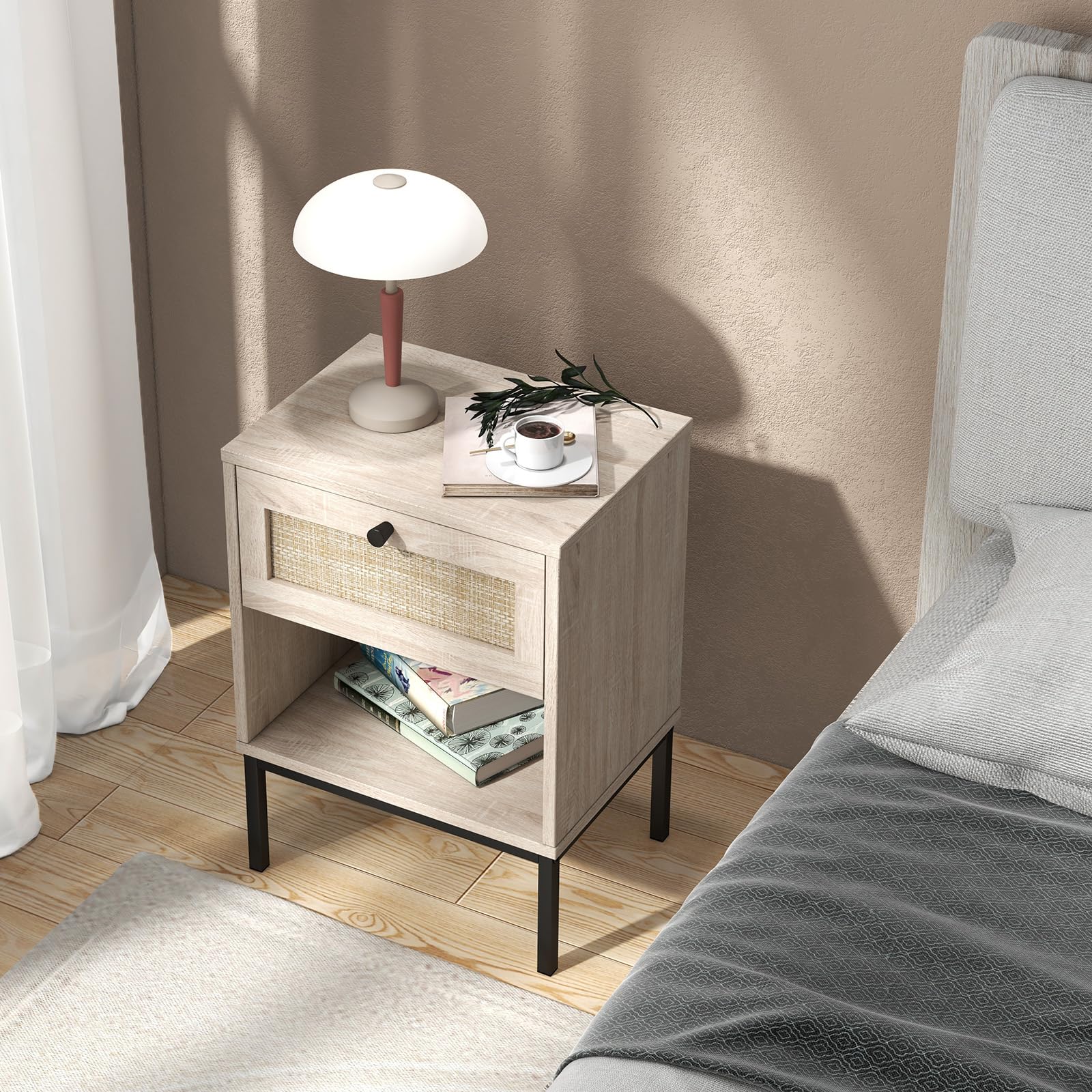 GOFLAME Rattan Nightstand Set of 2, Boho Bedside Table with Drawer & Open Shelf, Wooden End Table with Metal Legs, Farmhouse Sofa Side Table for Bedroom and Small Spaces, Oak