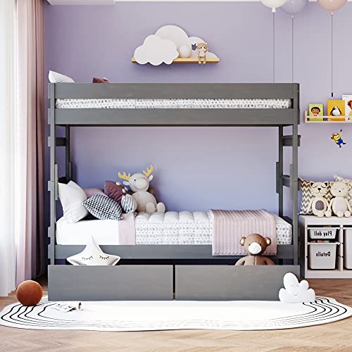 Flieks Twin Over Twin Wood Bunk Bed with 2 Drawers, Gray