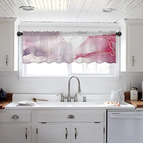 Semi Sheer Curtain Valance for Kitchen Windows Abstract Marble Agate Texture Chiffon Rod Pocket Half Window Curtains Topper for Bathroom/Living Room/Bedroom Pastel Theme Pink Purple White Gold