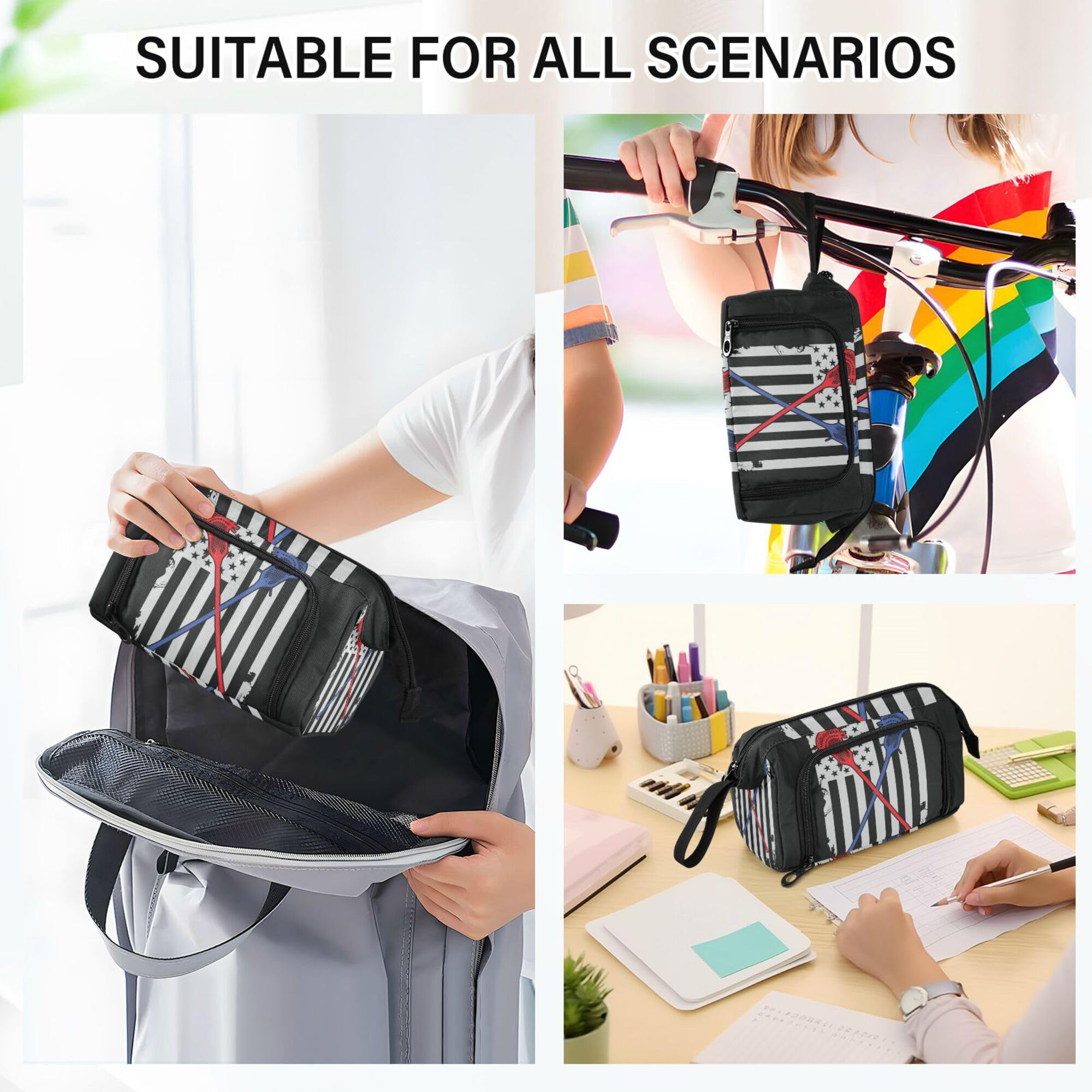 Glaphy American Flag with Lacrosse Hockey Pencil Case Large Capacity Pencil Pouch Bag Zipper Storage Stationery Bag for Office College School