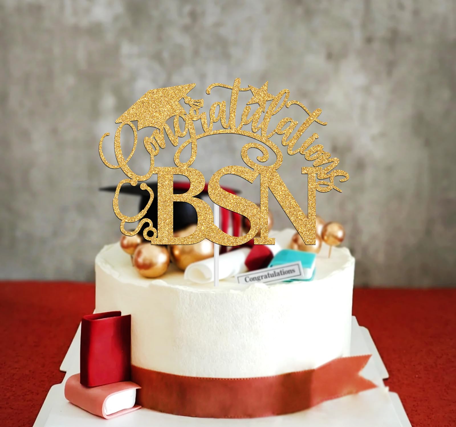 Ferburitar Congratulations BSN Cake Topper, Congrats Nurse/RN Cake Decor, 2025 Nursing School Grad Graduation Party Decorations Supplies, Gold Glitter