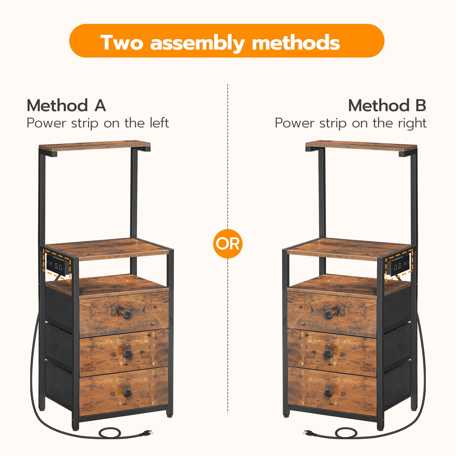 HOOBRO Nightstand with Charging Station, End Table with 3 Drawers and Storage Shelves, Side Table with USB Ports and Outlets, Bedside Table for Bedroom, Rustic Brown and Black BF131UBZ01