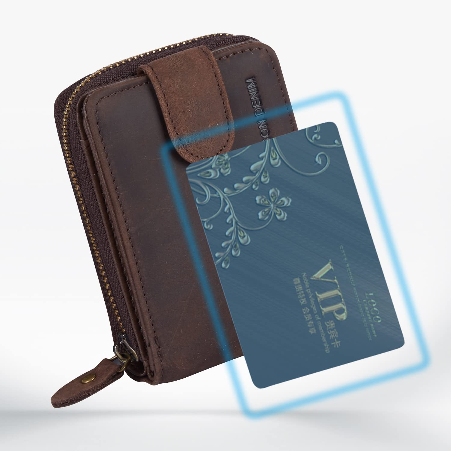 BISON DENIM Card Case Wallet Leather Pocket Wallet RFID Blocking Credit Card Organizer Zip Card Holder for Women Men (Crazy Horse Coffee)