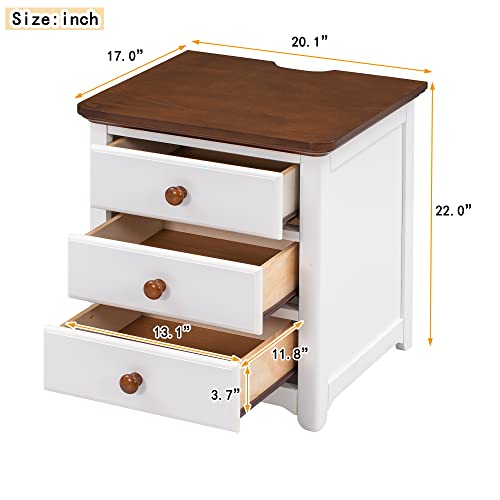 Flieks Wooden Nightstand with USB Charging Ports and Three Drawers,End Table for Bedroom,White+Walnut