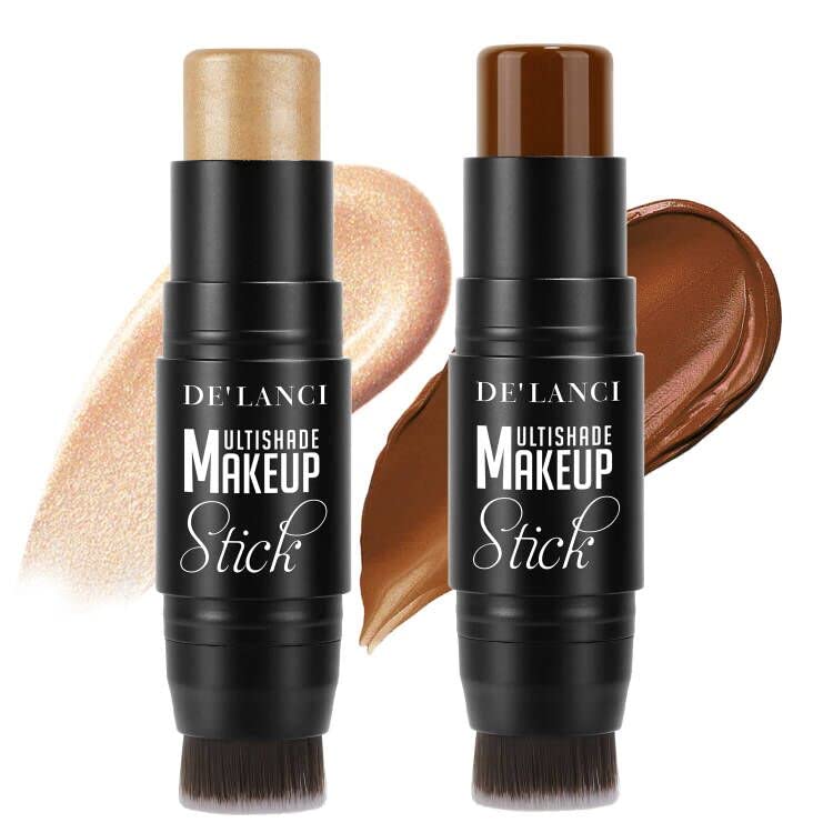 Contour Highlighter Stick Kits,DE’LANCI 2 PCS Cream Contour Highlighter Sticks with Brush,Moisturize Highlighter and Bronzer Stick For Brown Dark Black Skin Tone Women, Face Illuminator Shade Makeup