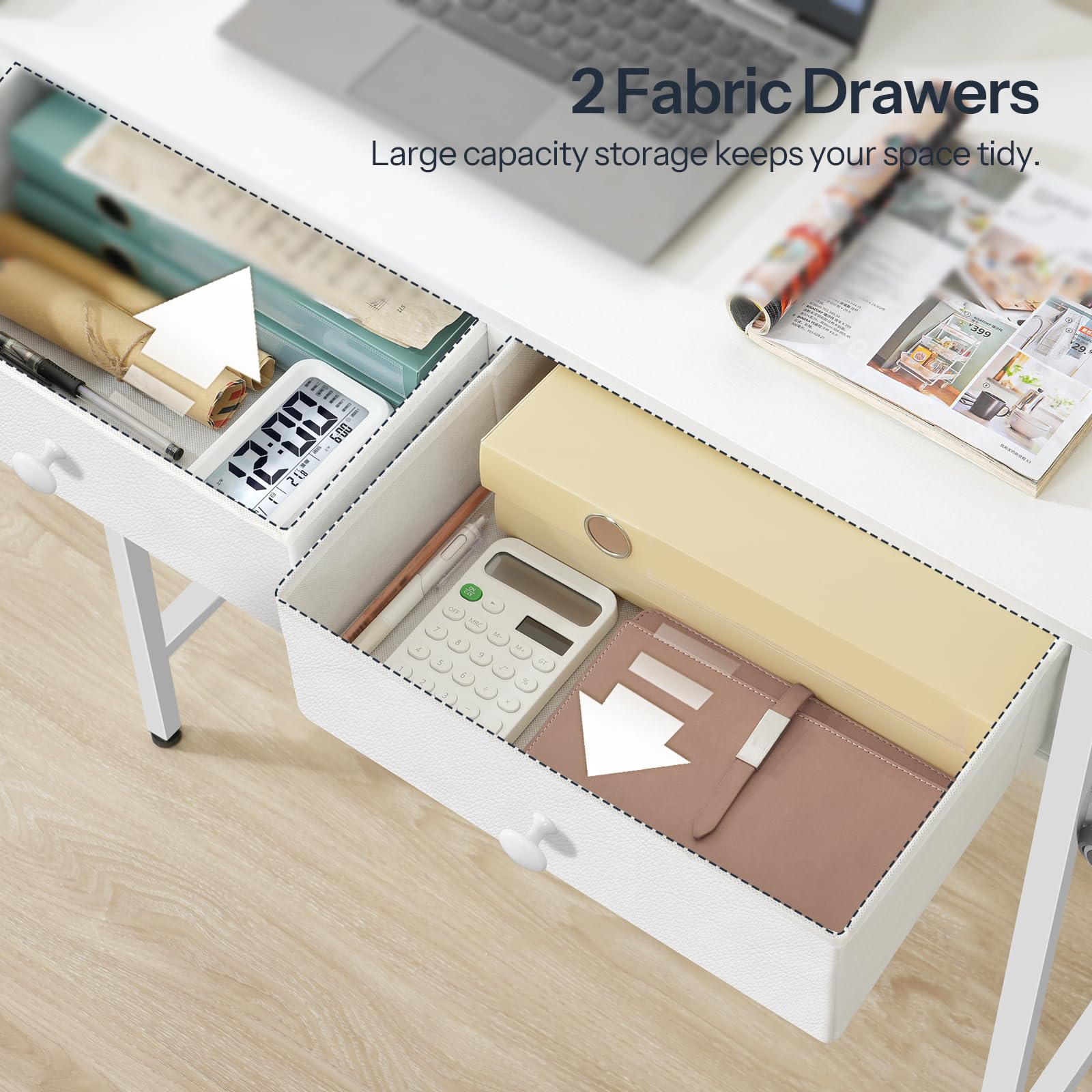 HOOBRO Small White Computer Desk with Power Outlet, 32 Inch Home Office Computer Desk with 2 Fabric Drawers, Study Desk for Small Spaces, with Side Pocket, for Study, Living Room, White WW42UDN01
