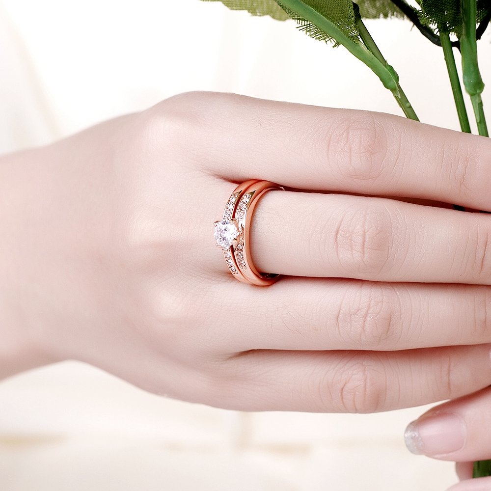 Bistoon Engagement Rings Set 2pcs with Real 18K Rose Gold Plated CZ Zircon Promise Rings Anniversary Wedding (Rose-Gold-Plated-Base, 7)
