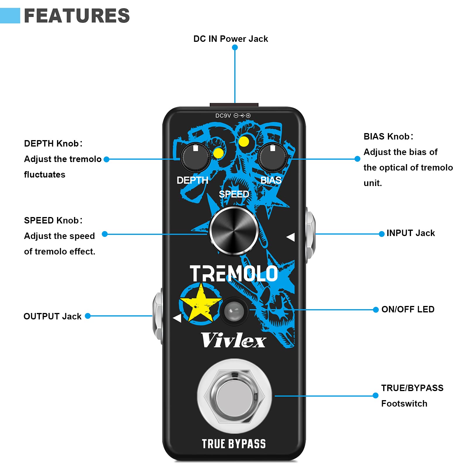 Vivlex LEF-327 Vibe Vibrato Tremolo Trill Pedal Classic Optical Mini Analog Trelicopter Guitar Effects Stompbox for Electric Guitar True Bypass Footswitch