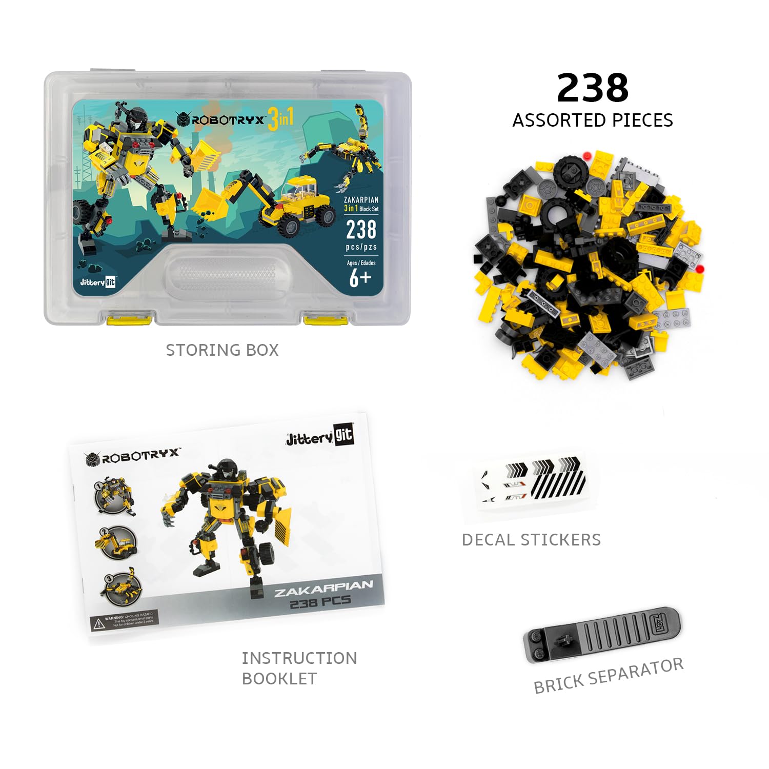 JITTERYGIT Robot Building Toy Gift for Boys, Perfect STEM Gift for Builders Ages 6, 7, 8, 9, and 10 Year Olds, Yellow Zakarpian (238 Pcs) Robotryx