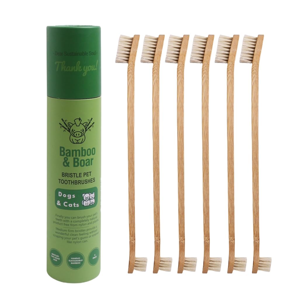 Gaia Guy Bamboo and Boar Bristle Double-Sided Pet Toothbrushes - 6-Pack - for Dogs, Cats and Planet - Plastic-Free and Nylon-Free Natural Bristles - No Microplastics