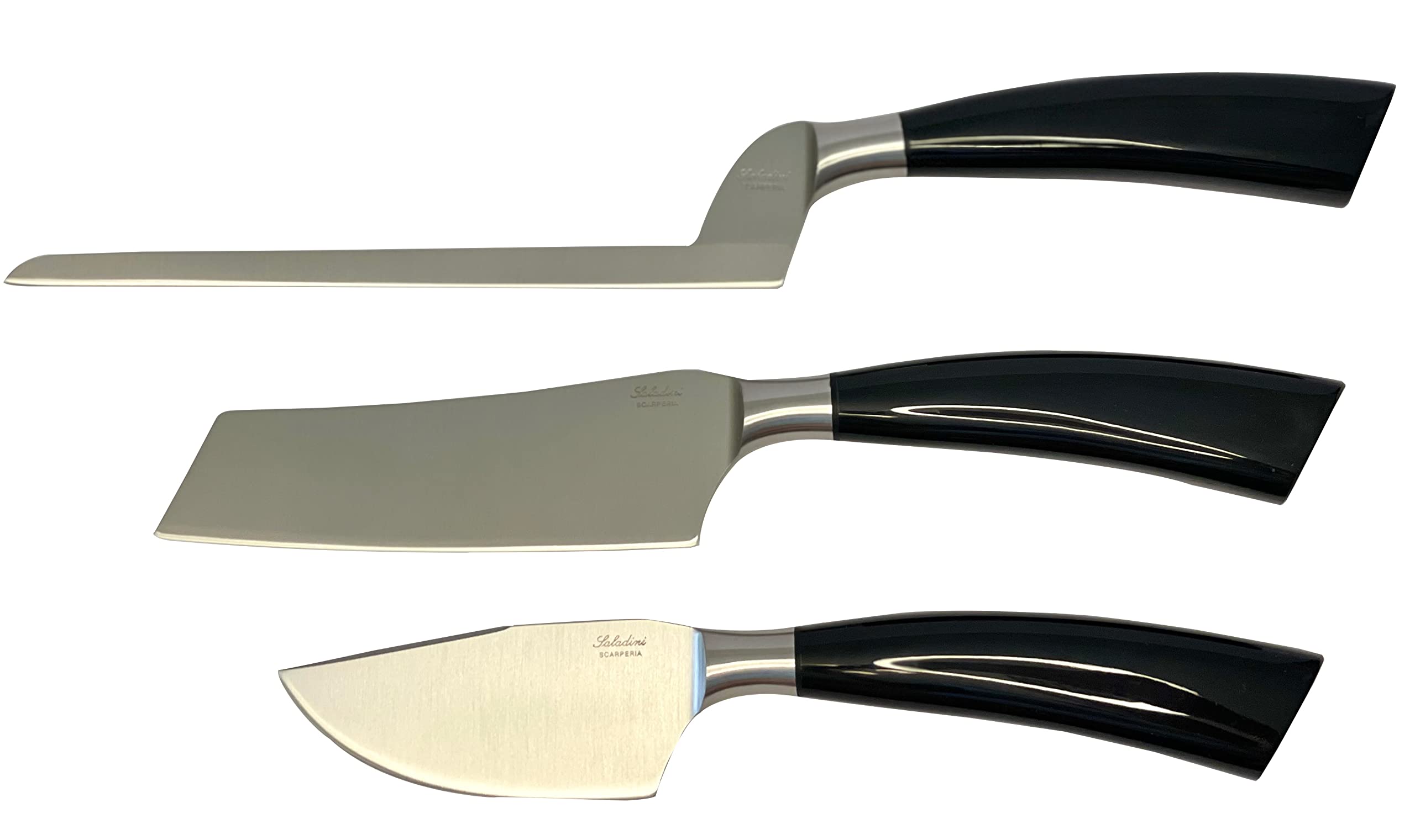 Coltelleria Saladini Stainless Steel 3-Piece Soft Cheese Knife 7-Inch, Parmesan Knife 4-Inch, Semi-hard Cheese Knife 5.5-Inch Set with Buffalo Horn Handle