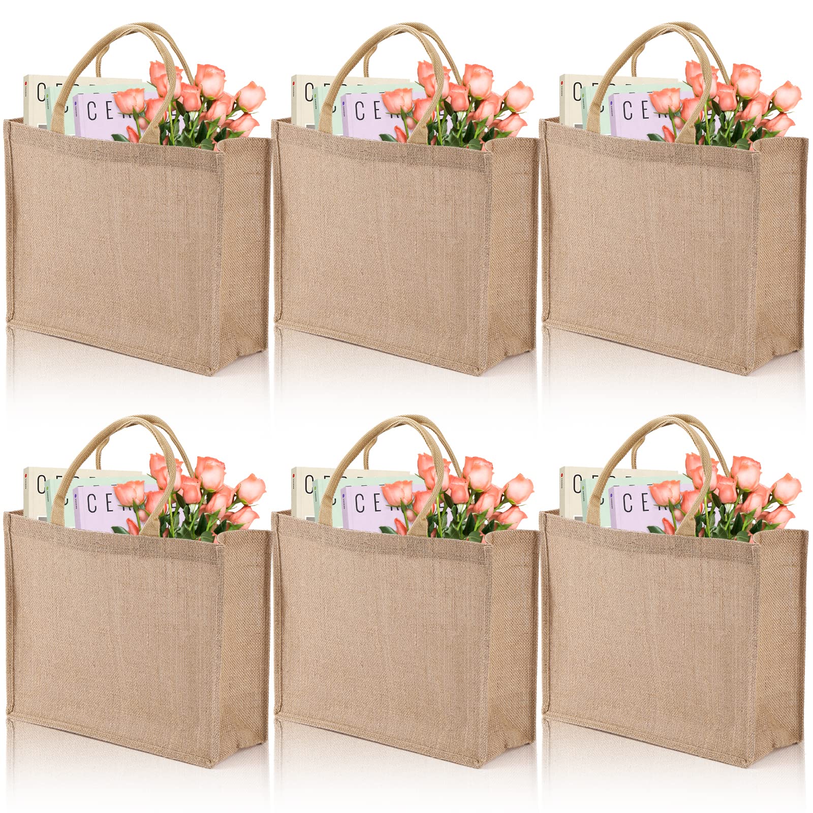 DEAYOU 6 Pack Jute Tote Bag, Burlap Gift Tote with Handle, Grocery Shopping Bag for DIY, Wedding,15.4''x12.2''x5.9''