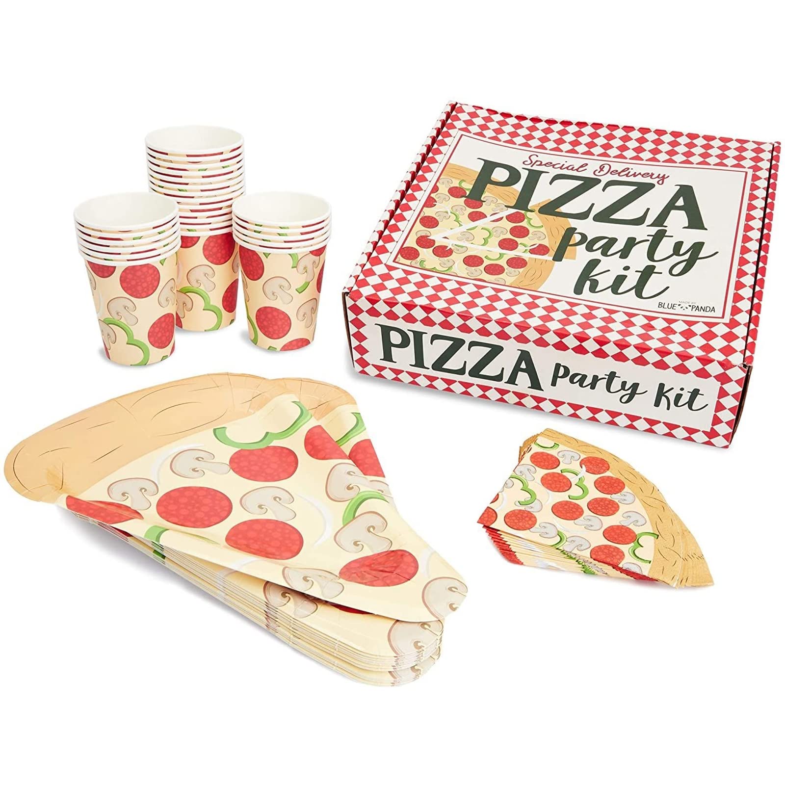 BLUE PANDA Pizza Party Supplies Kit, Includes Plates, Napkins and Cups (Serves 24 Guests)