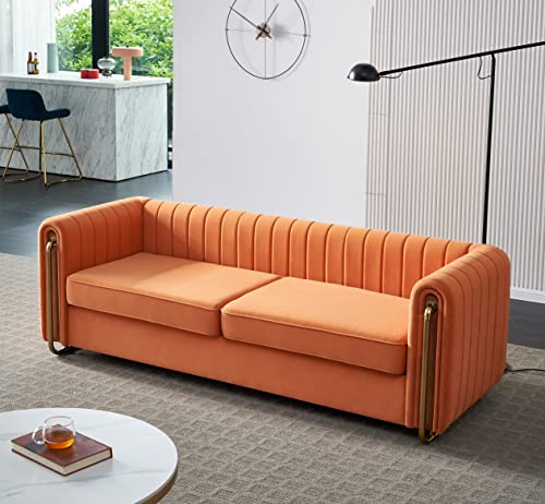 Melpomene Vertical Channel Tufted Velvet Sofa with Round Arm and Gold Metal Legs,Armrest 84.25" W(Orange)