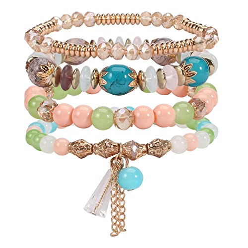 Twinfree 8 Sets Bohemian Stackable Bead Bracelets for Women Multilayered Bracelet Set Pendant Charm Stretch Bangles