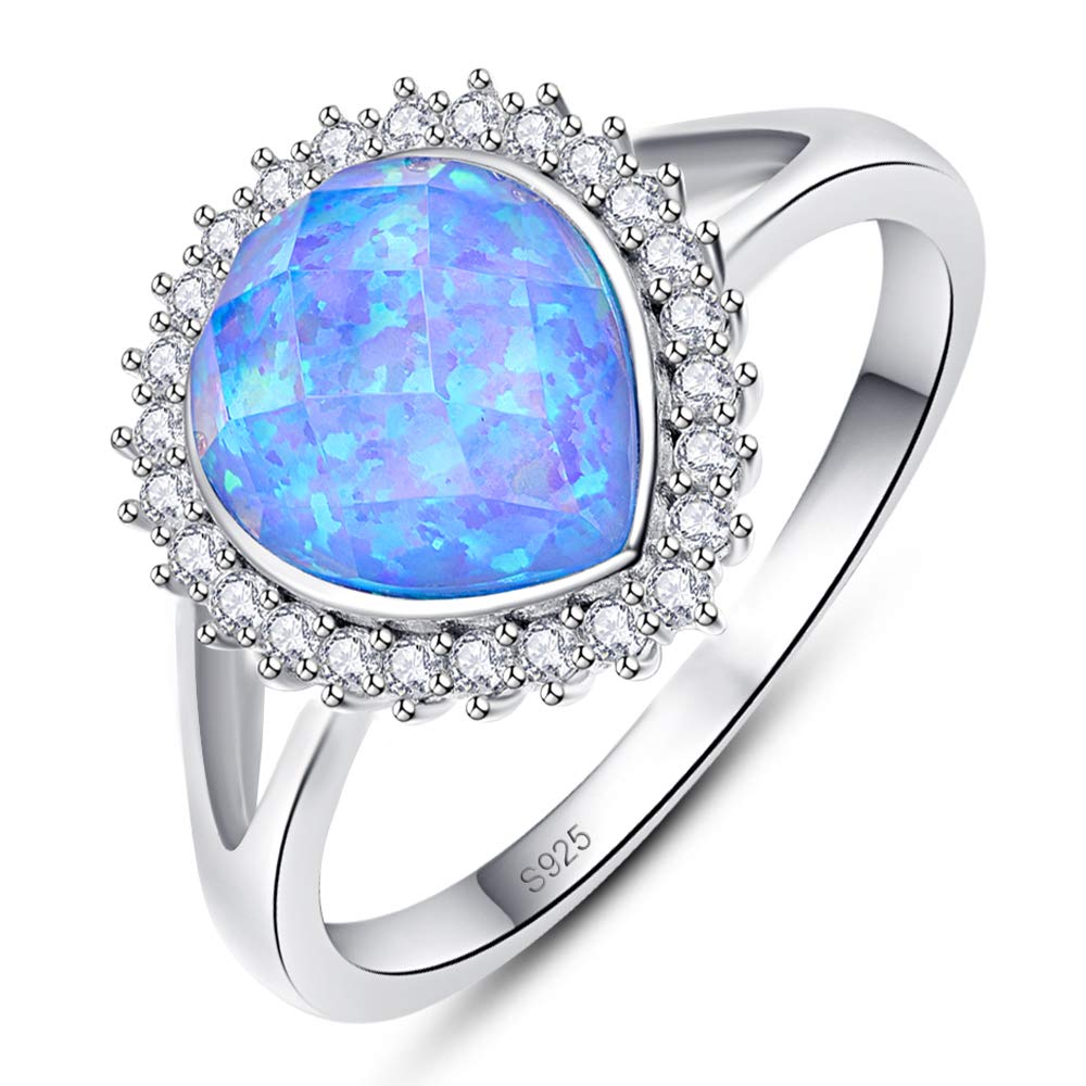 BONLAVIE 10X12mm Created Blue Opal Rings for Women 925 Sterling Silver Pear Shape Solid Opal Engagement Ring Paved Round Cut Cubic Zirconia October Birthstone Ring Promise Ring for Her Size 7