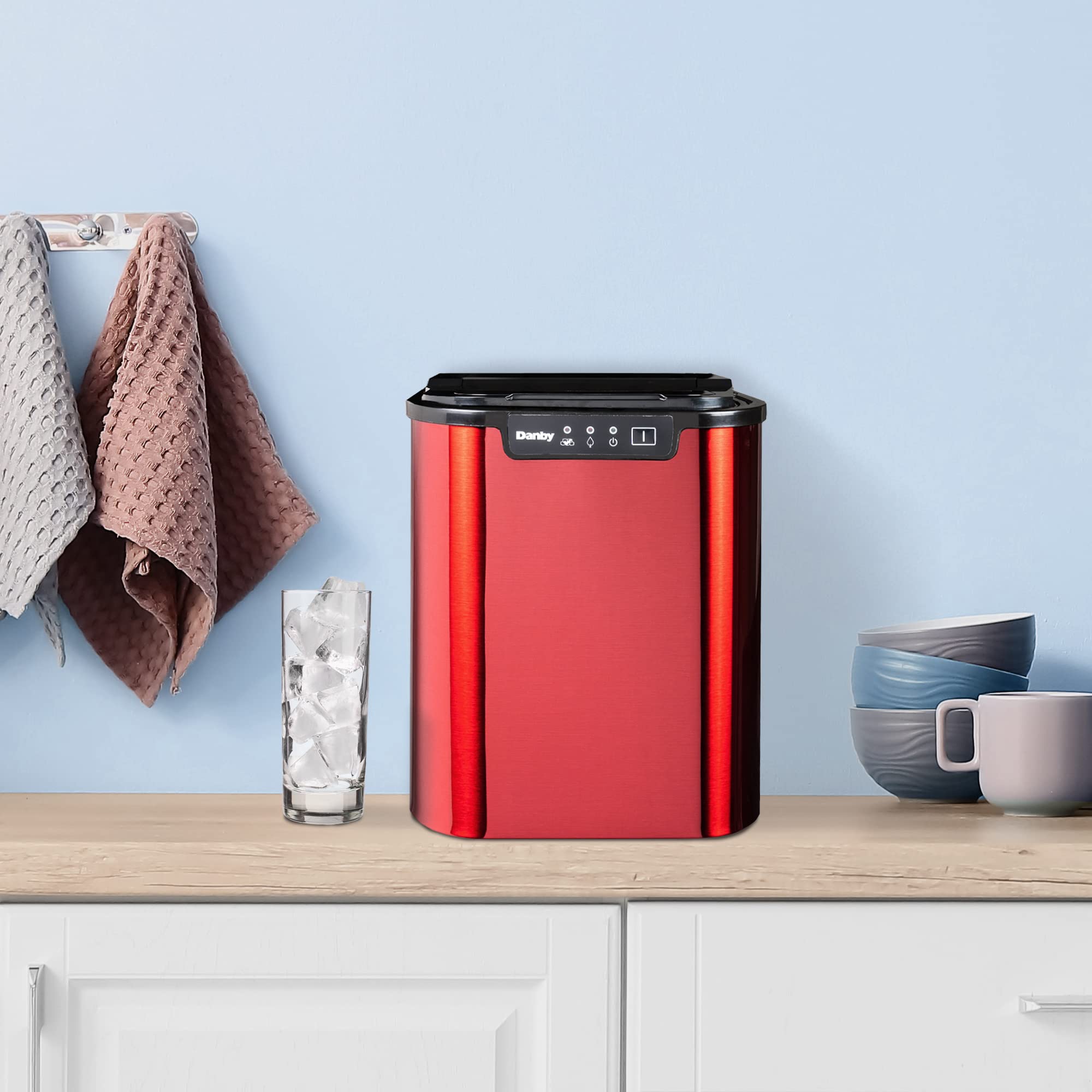 Danby DIM2500RDB Countertop Ice Maker, Makes 25 lbs Ice in 24 Hrs, Holds 2 lbs of Ice, Red Ice Machine with Electronic Controls, LED Display and Self Clean Function