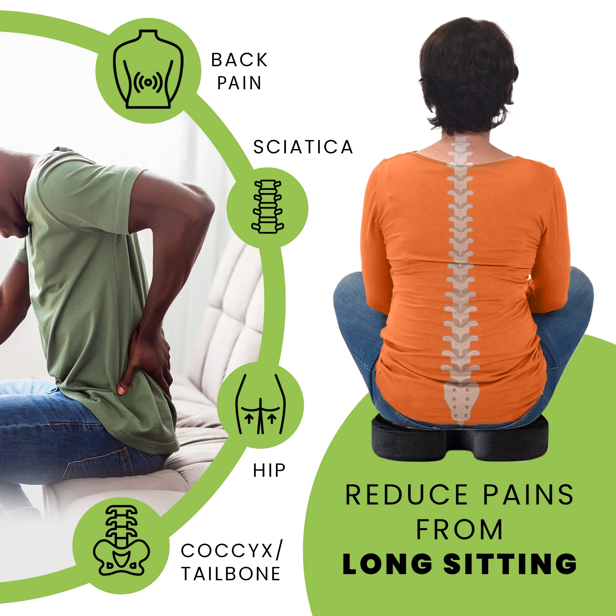 Chair Cushion - Car Seat Cushion β Desk Chair Cushion β Orthopedic Gel & High-Density Memory Foam Coccyx Ergonomic Cushion for Tailbone Pain β Sciatica & Back Pain Relief (Black)