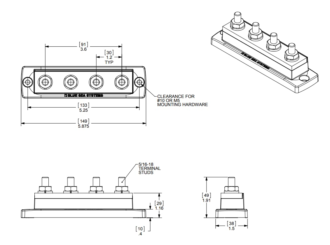 Blue Sea Systems 2127 250 Amp MaxiBus BusBar with 4 studs