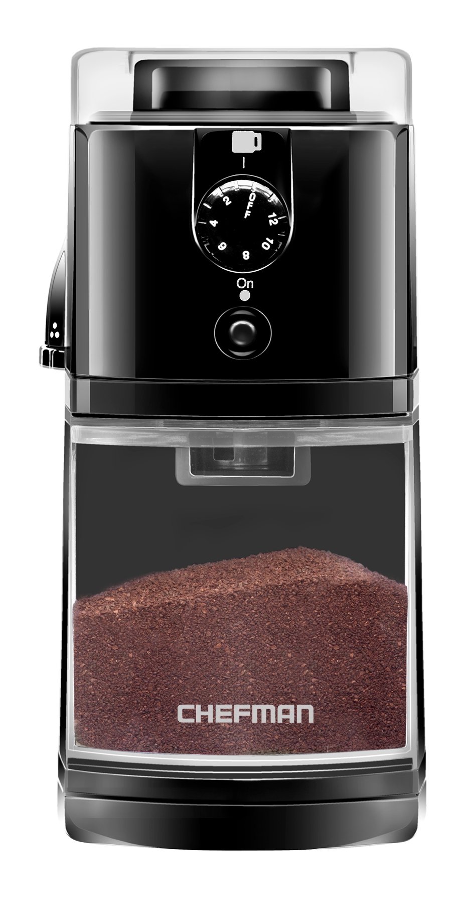 Chefman Coffee Grinder Electric Burr Mill - Freshly Grinds Up to 2.8oz Beans, Large Hopper with 17 Grinding Options for 2-12 Cups, Easy One Touch Operation, Cleaning Brush Included, Black