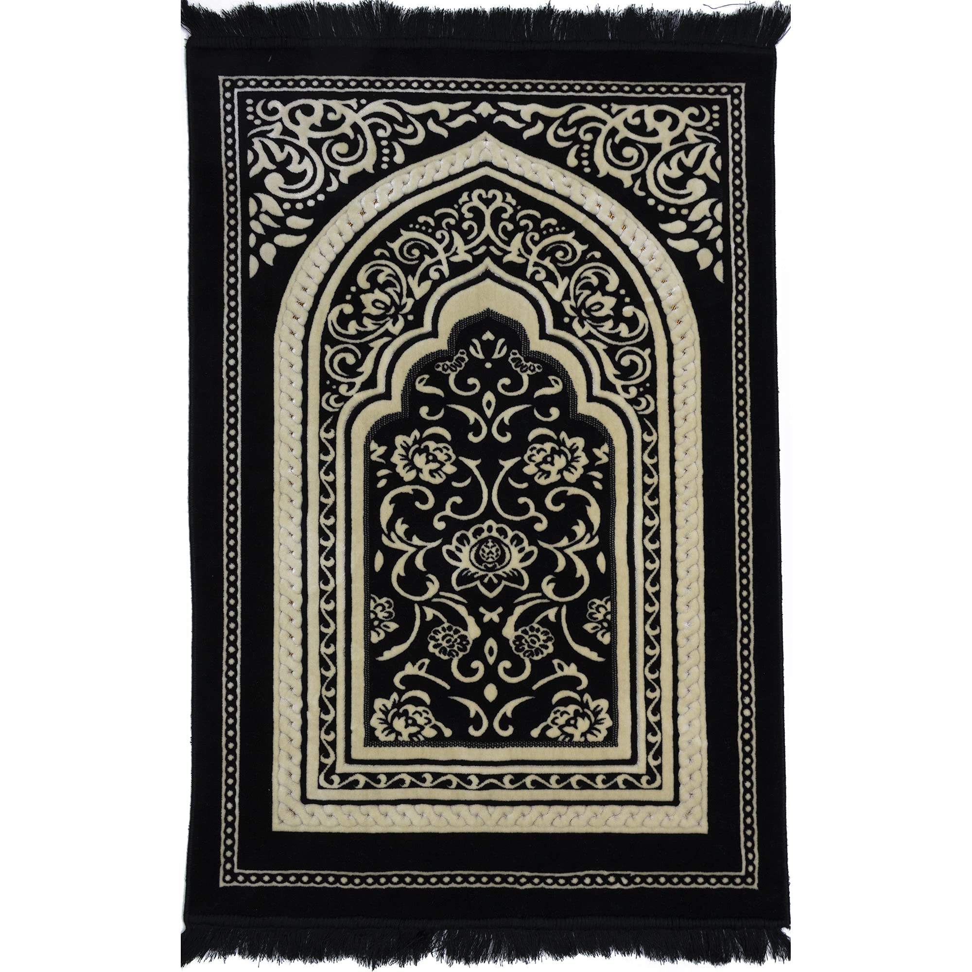 Modefa Turkish Islamic Velvet Prayer Rug - Thick Wide Soft Prayer Carpet - Men & Women - Large Prayer Mat - Eid & Ramadan Gift - with Kufi Cap Beads & Car Hanger - Double Plush Floral Black