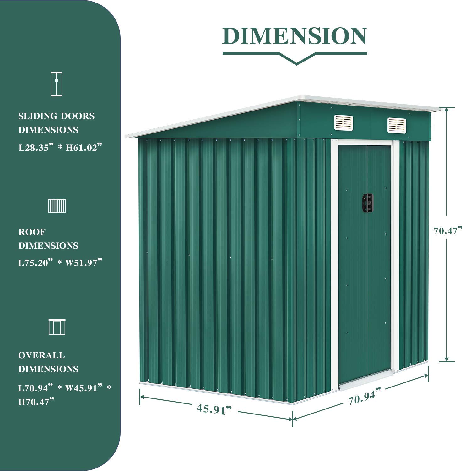 BonusAll Storage Shed Tool House 6x4 FT Outdoor Garden Steel Shed with Sliding Door(Green)