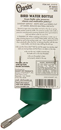 Oasis Small Bird Water Bottle - Polystyrene & Cherry-Red Drinking Tip, Double-Ball Vacuum Valve - for Parakeets, Budgies, Canaries, Finches, Cockatiels & Love Birds, Capacity 4-Ounces,Green
