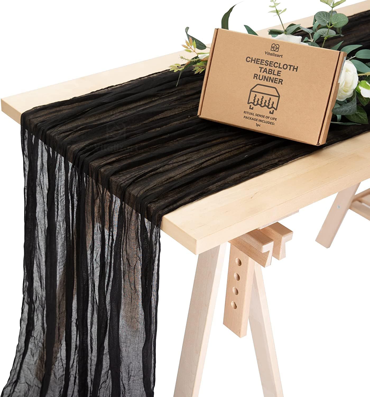 Vitalizart Cheesecloth Table Runner 10ft Gauze Boho Rustic Black Cheese Cloth Table Runner for Wedding Bridal Shower Fall Thanskgiving Decoration 120 Inches
