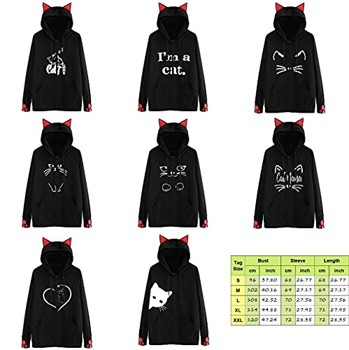 Women Teen Girls Cat Hoodie Sweatshirt Sweater Coats Cute Cat Ear Sleeping Cat Printed Pullover Long Sleeve Sweatshirt