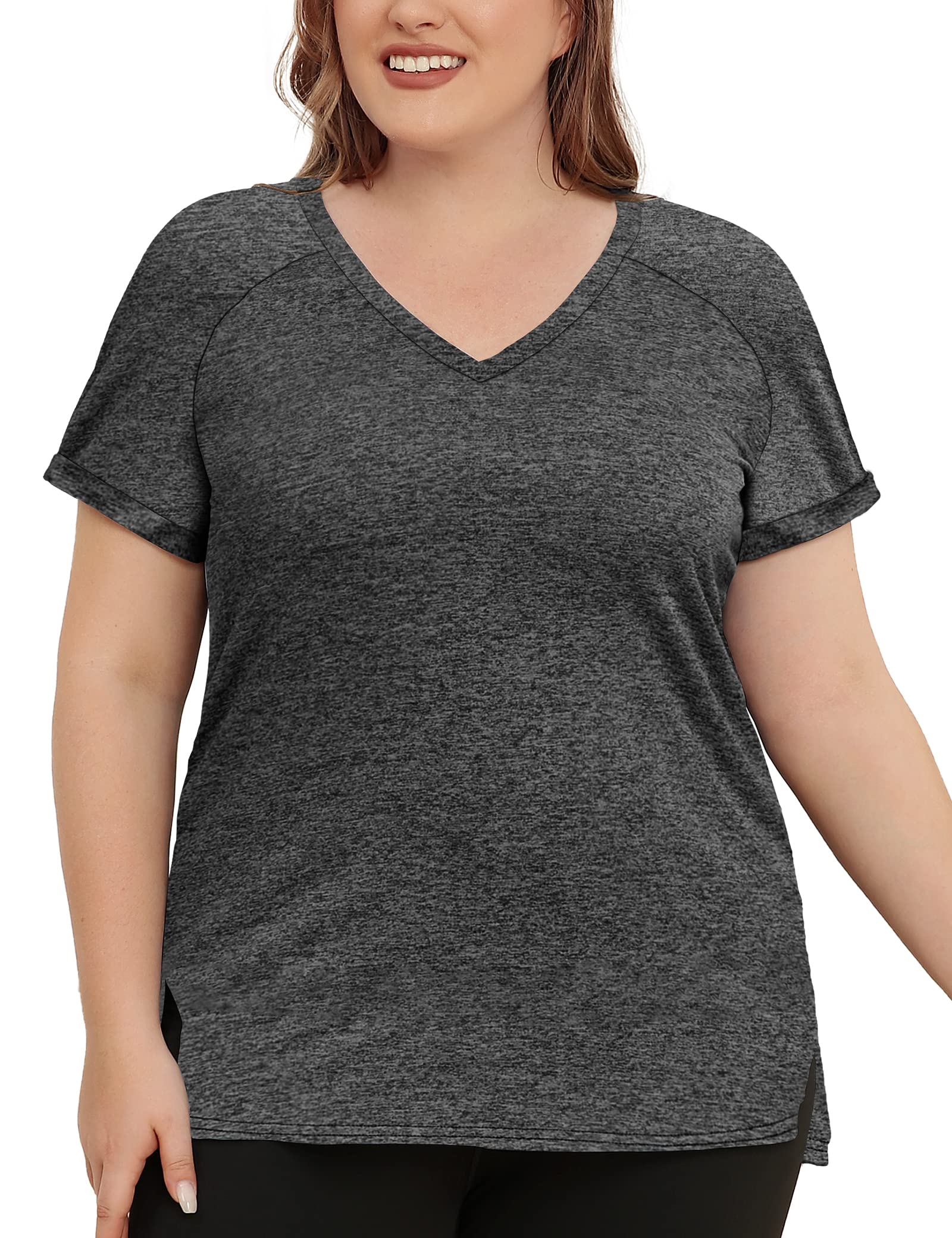 COOTRY Plus Size Workout Tops for Women Short Sleeve V Neck Loose Fit Yoge Causal Summer Shirts Dark Grey 3X
