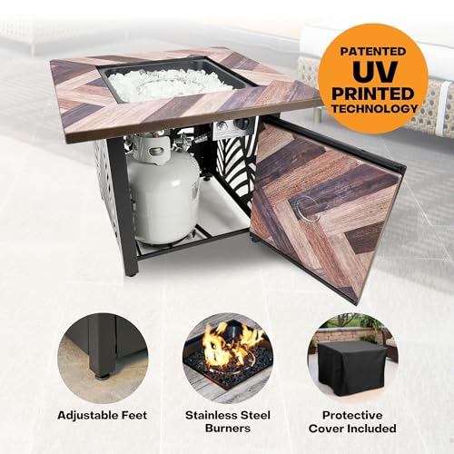 Endless Summer Darby 30 Inch Square Outdoor UV Printed 50,000 BTU LP Gas Fire Pit Table with Faux Wood Mantel and Stamped Steel Base
