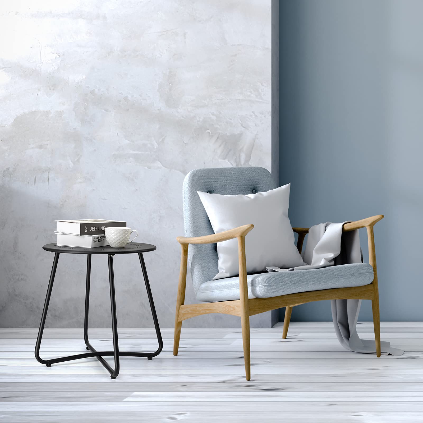 danpinera Outdoor Side Tables with Flower Cut Outs, Weather Resistant Steel Patio Side Table, Small Round Outdoor End Table Metal Side Table for Patio Yard Balcony Garden Black